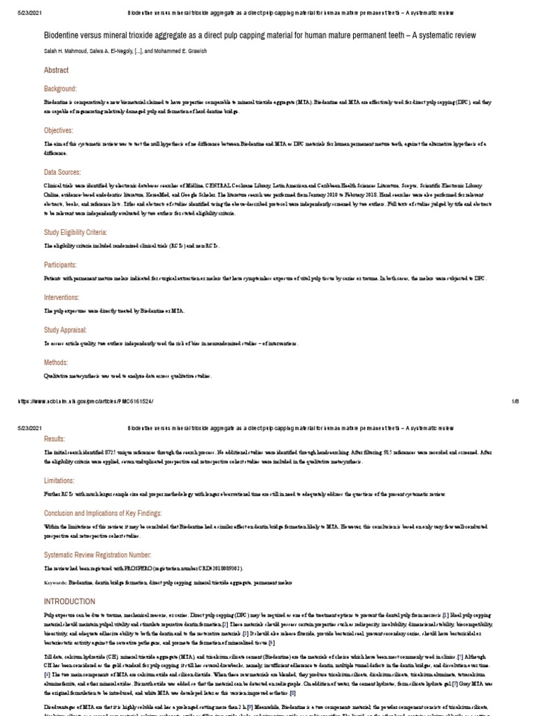 Biodentine Versus Mineral Trioxide Aggregate As A Direct Pulp Capping ...