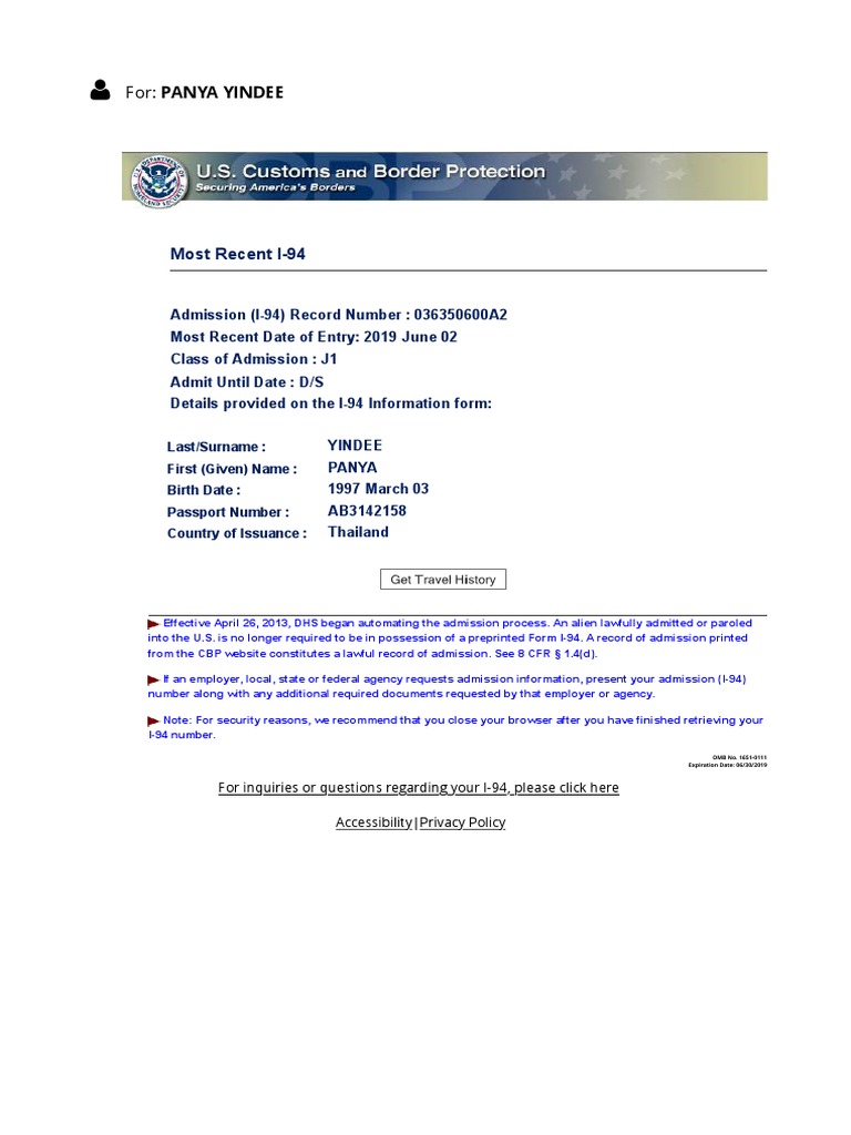 Panya Yindee I-94 Admission Record | PDF