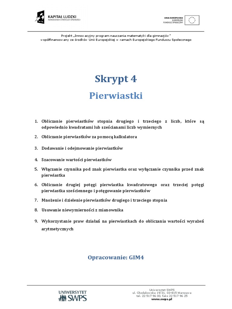 Skrypt 4: Pierwiastki | PDF