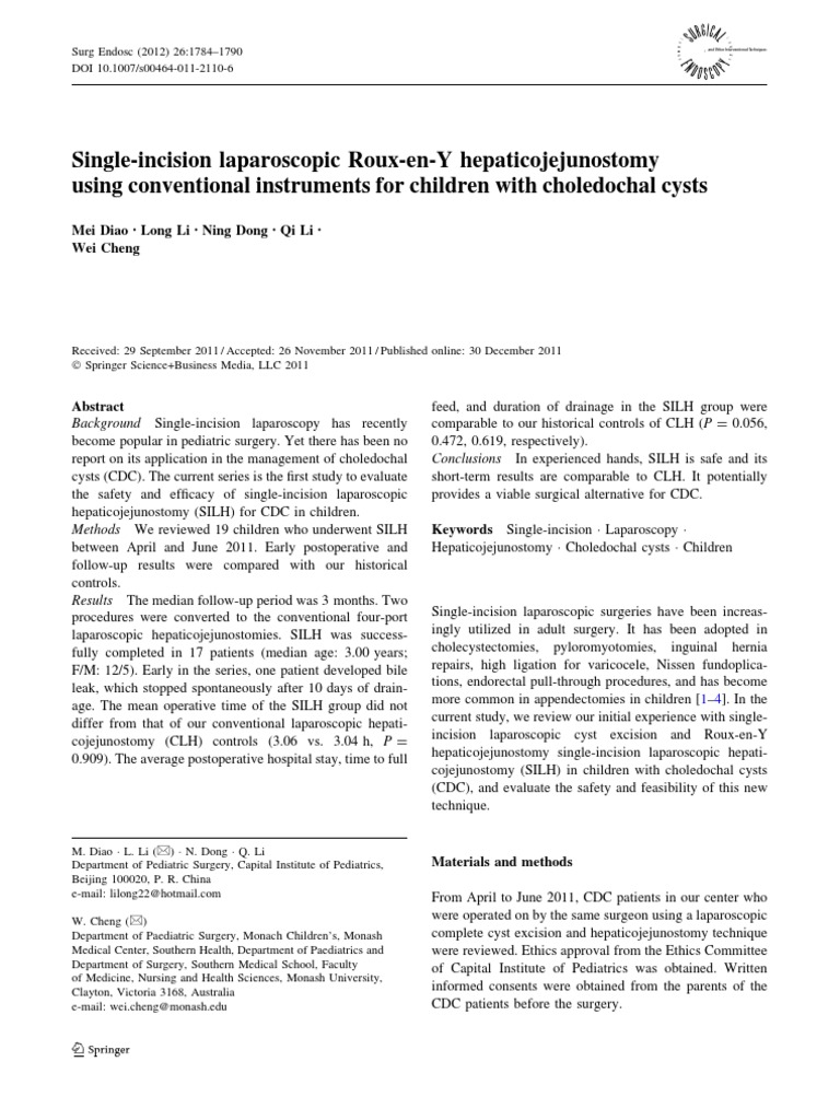 Single-Incision Laparoscopic Roux-en-Y Hepaticojejunostomy Using Conventional Instruments For ...