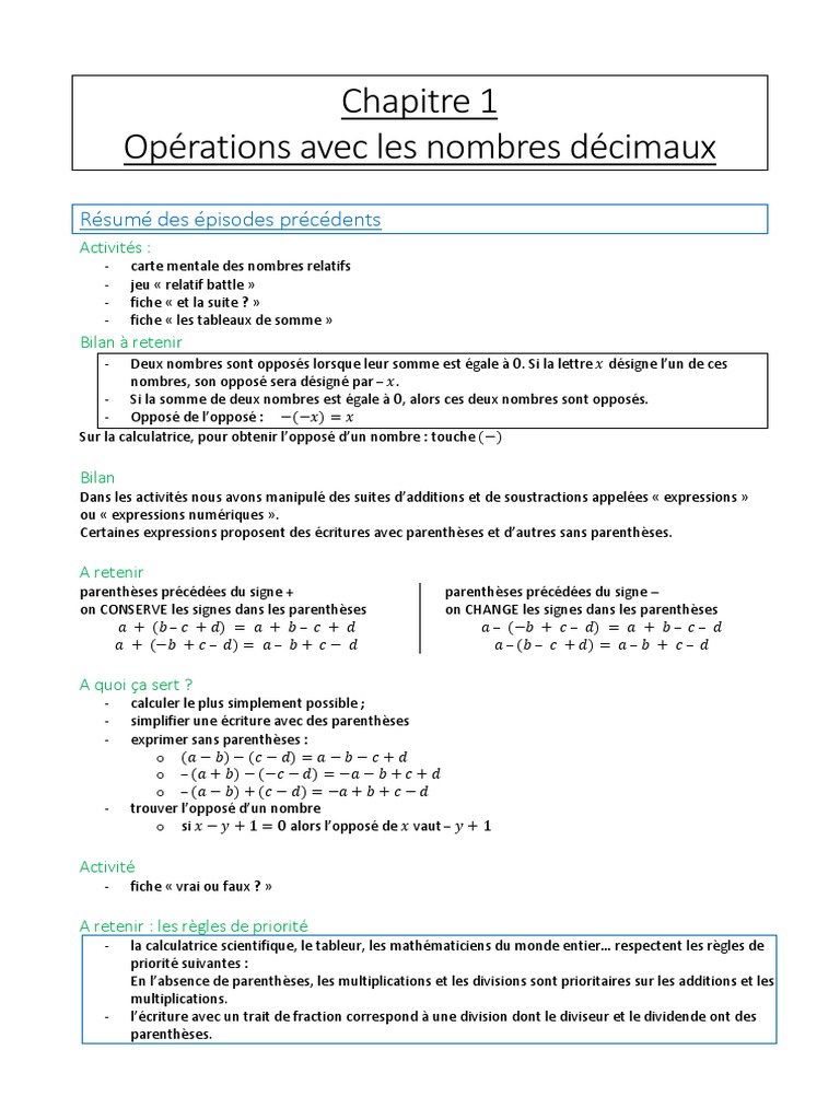 Chapitre 1 Opérations Avec Les Nombres Décimaux | PDF | Multiplication ...