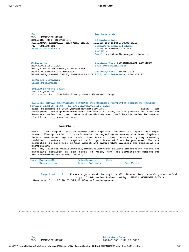 Purchase Order for AMC at BPCL Bangalore | PDF | Invoice