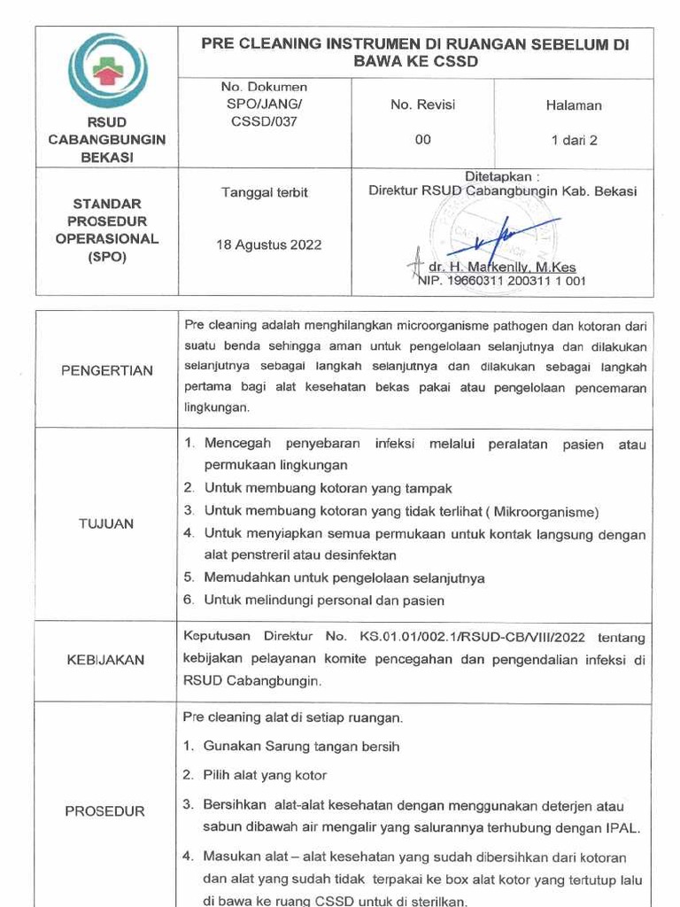 Spo Pre Cleaning Instrument Di Ruangan Sebelum Di Bawa Ke CSSD | PDF