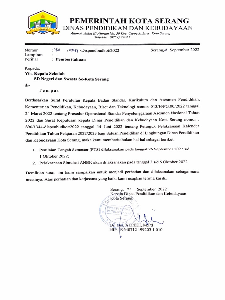 Surat Pemberitahuan PTS ANBK | PDF