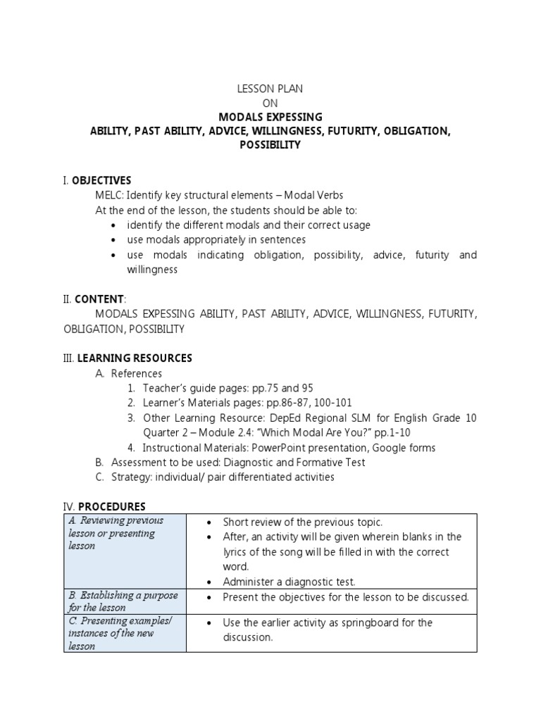 Lesson Plan On Modals | PDF | Lesson Plan | Education Theory