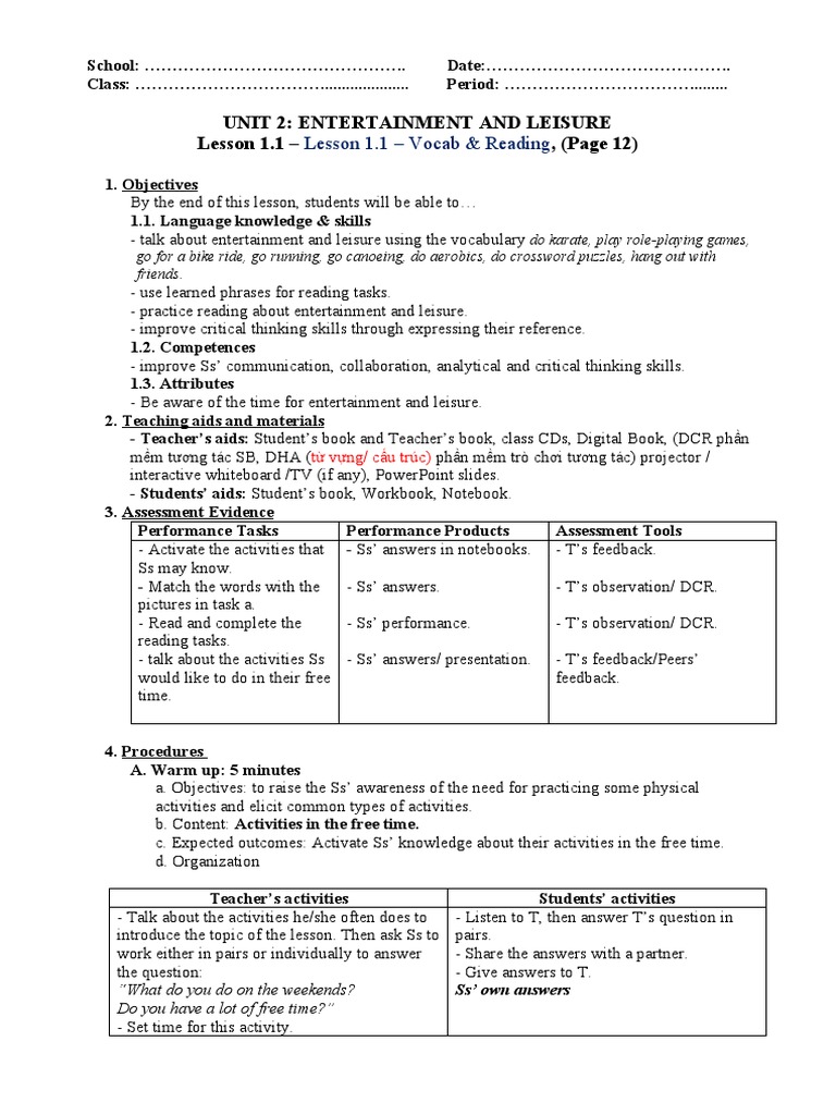 Unit 2 Lesson 1.1: Leisure Activities | PDF | Teachers | Question