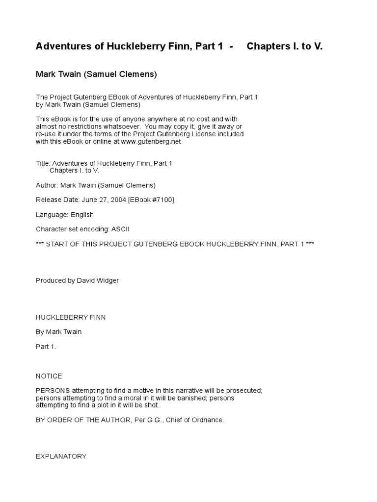 Adventures Of Huckleberry Finn Part 1 Chapters I To V Pdf