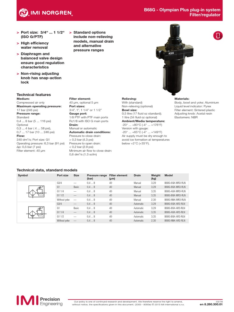 Filter Regulator - B68G - NORGREN - Data Sheet | PDF | Manufactured ...
