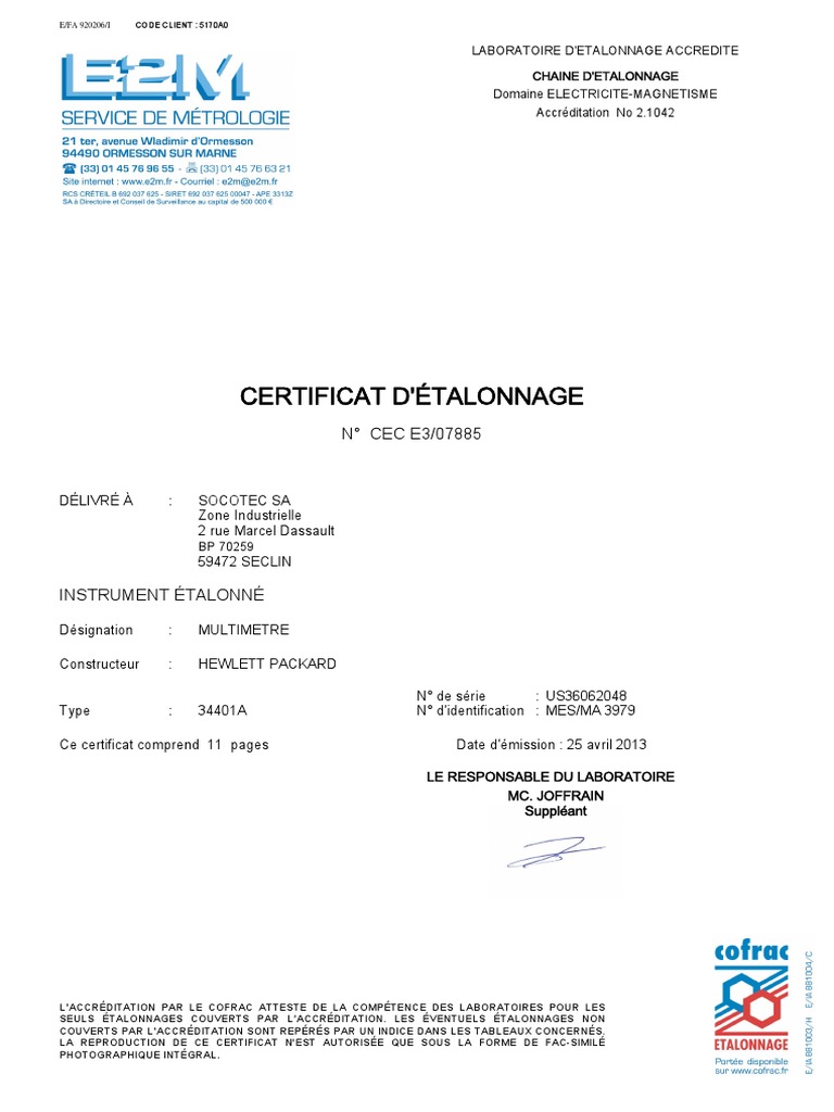 Certif D'étalonnage en Electricité | Descargar gratis PDF | Calibrage ...