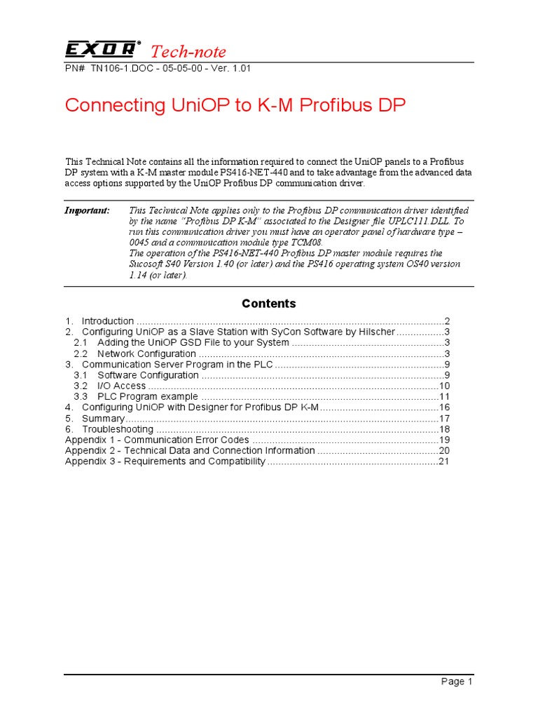 Connecting Uniop To K-M Profibus DP: Tech-Note | Download Free PDF ...