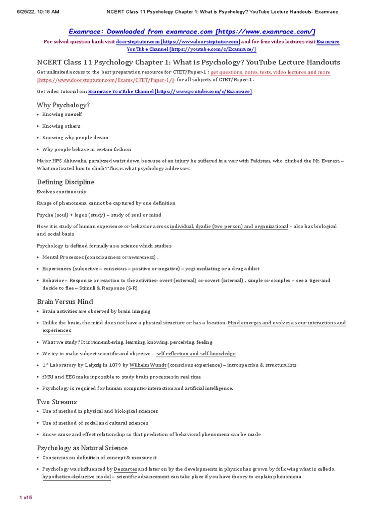 NCERT Class 11 Psychology Chapter 1 YouTube Lecture Handouts | PDF ...