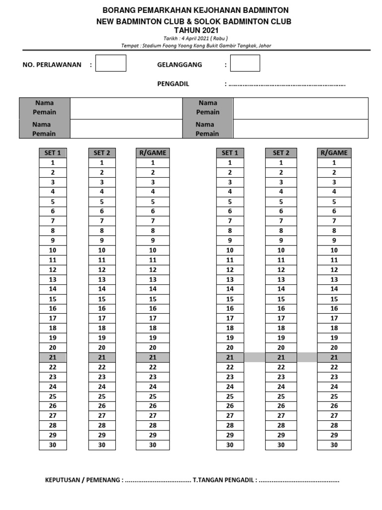 Borang Kiraan Mata Badminton | PDF