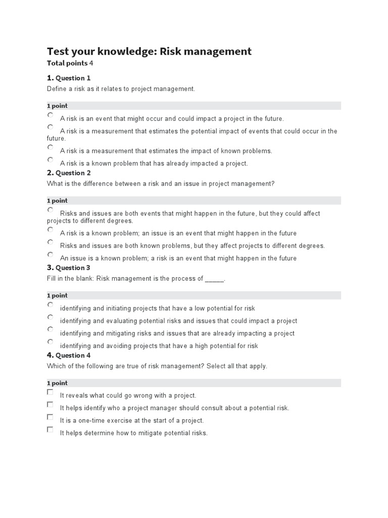 Course 3 Week 4 - 4 Practice Quiz - Test Your Knowledge - Risk ...