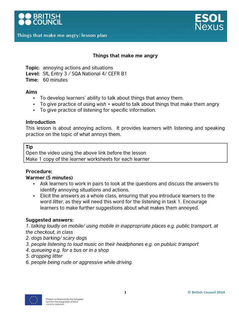 Things That Make Me Angry - Lesson Plan | PDF | Learning | Cognition