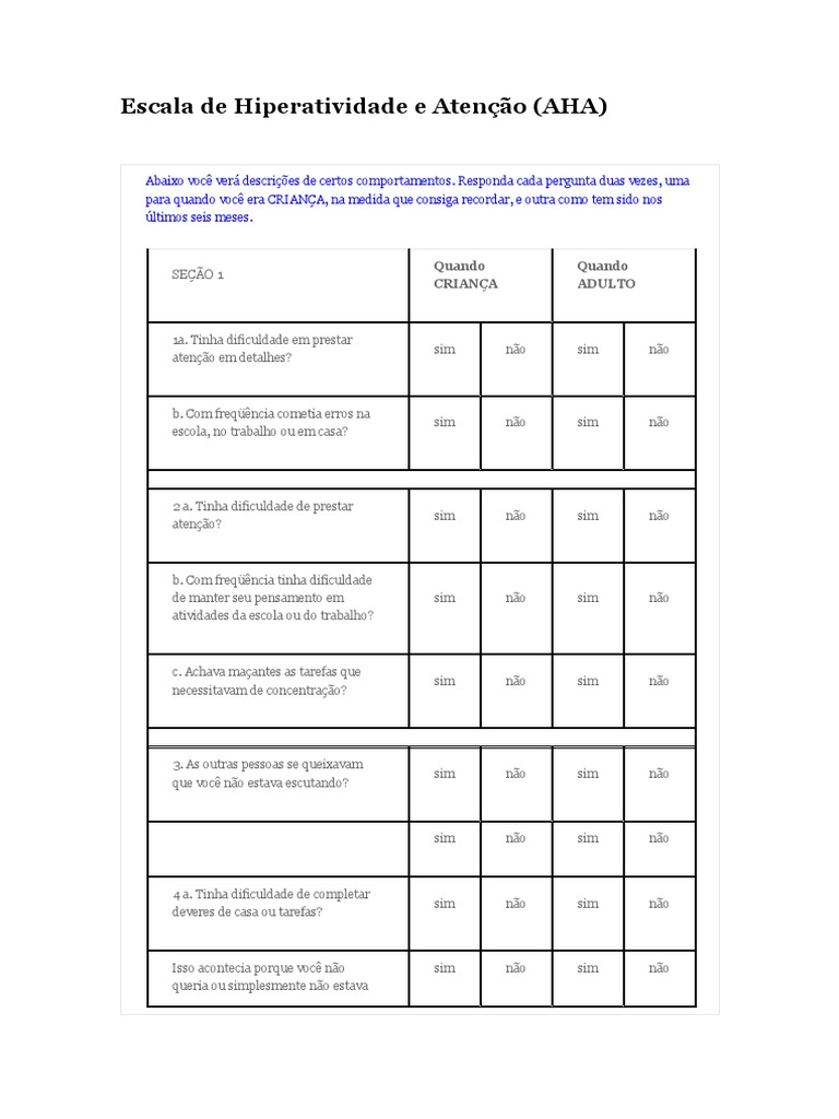 Avaliação de Hiperatividade e Atenção | PDF | Transtorno de déficit de ...