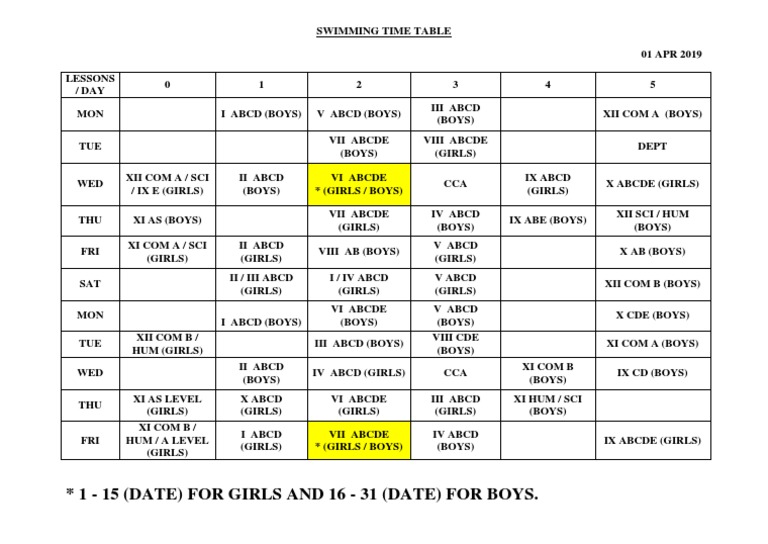Swimming Time Table | PDF