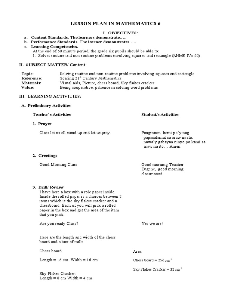 Lesson Plan in Mathematics 6: M4Me-Ivc-60) | Download Free PDF | Area ...