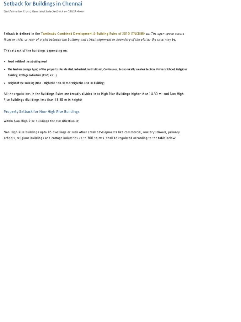 CMDA Regulation For Setback of Buildings in Chennai - Front, Rear & Side | PDF