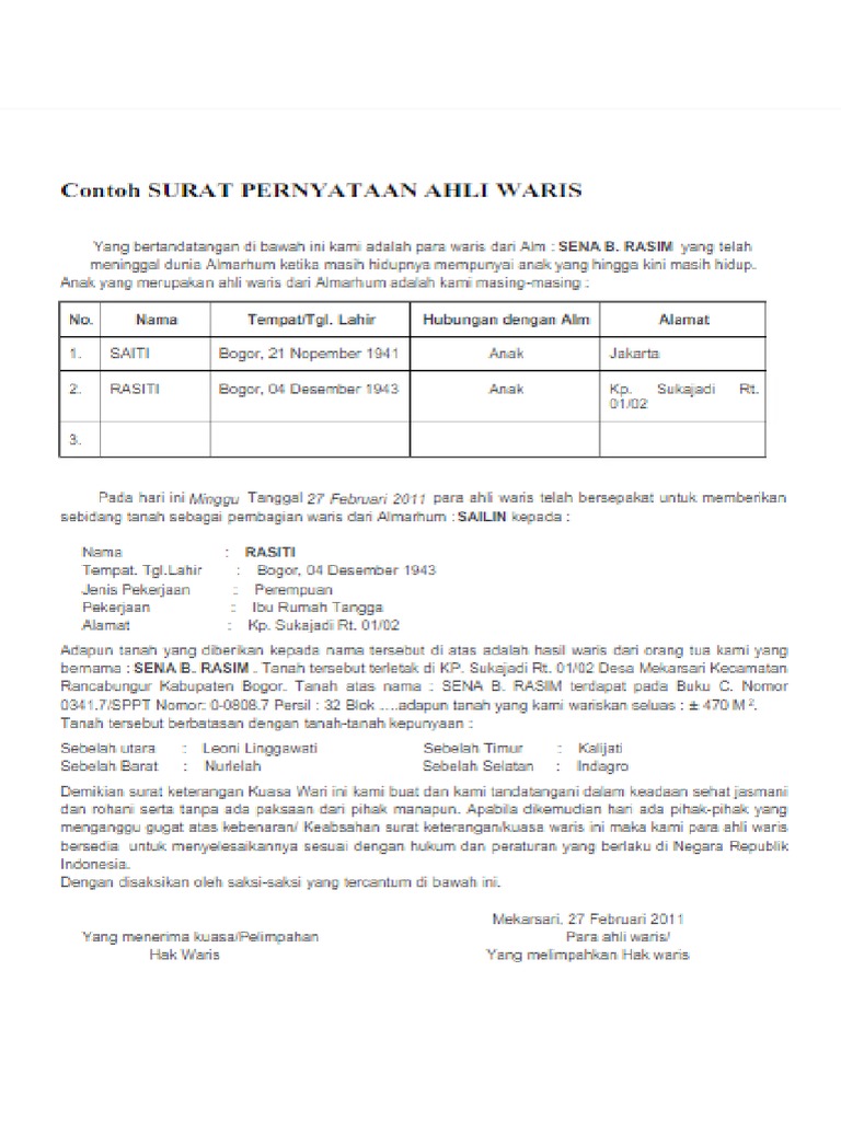 Contoh Template Surat Ahli Waris Sebidang Tanah Dengan Tabel | PDF