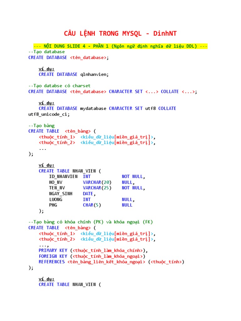CÂU LỆNH TRONG MYSQL THẦY ĐỊNH | PDF