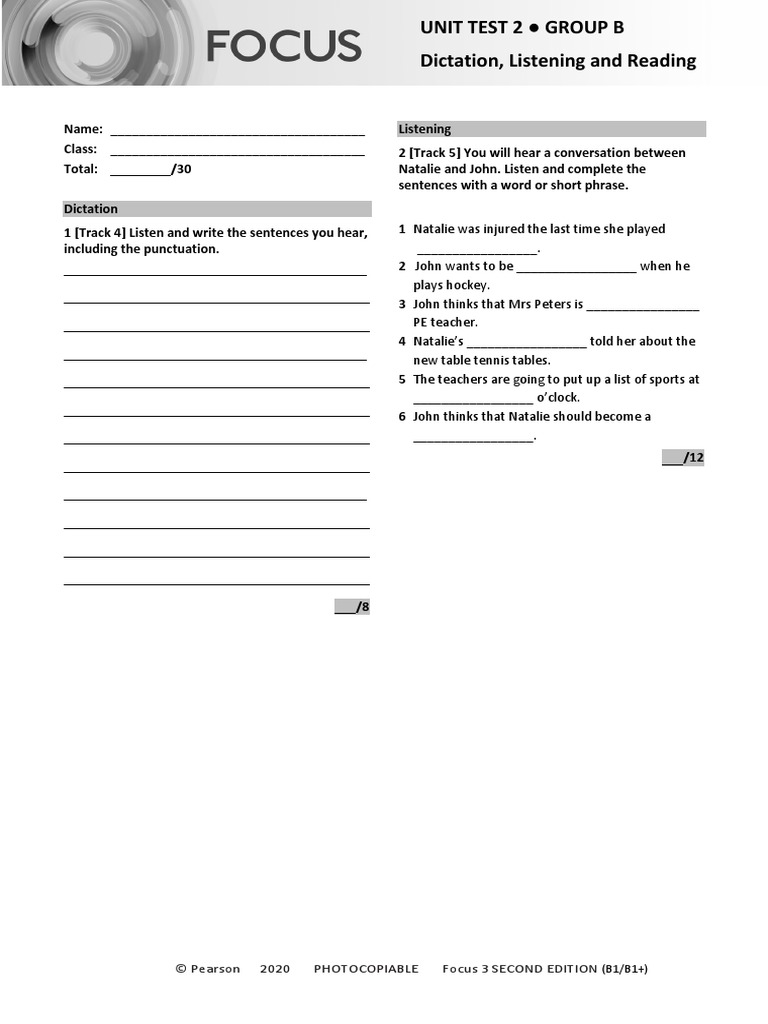 Focus3 - 2E - Unit - Test - Dictation - Listening - Reading - Unit2 ...