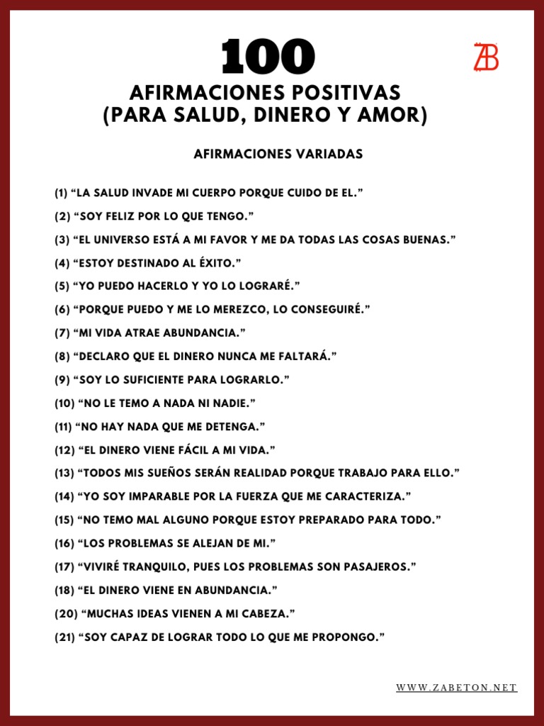 100 Afirmaciones Positivas - Lista PDF - Zabeton Blog | PDF | Amor
