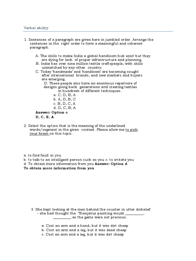 Verbal Ability Placement Paper | PDF | Weaving
