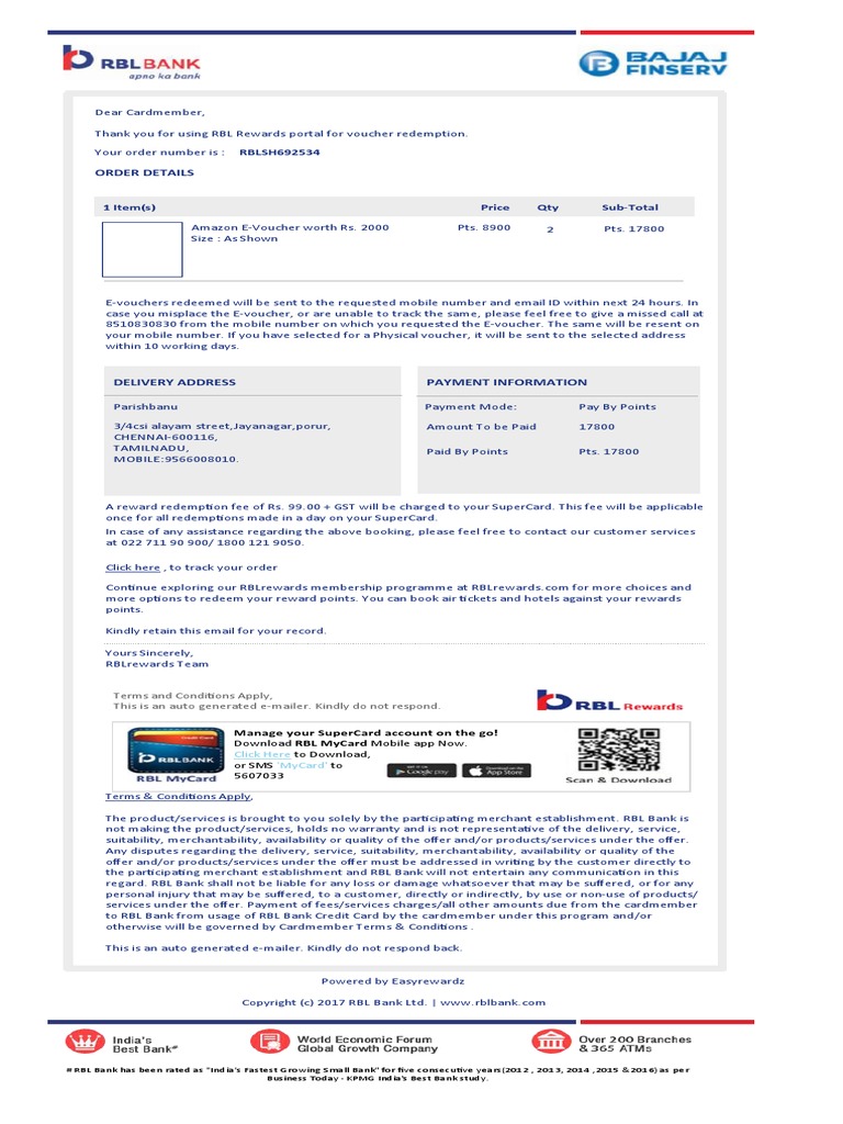 OrderDetails RBLSH692534 | PDF | Fee | Payments