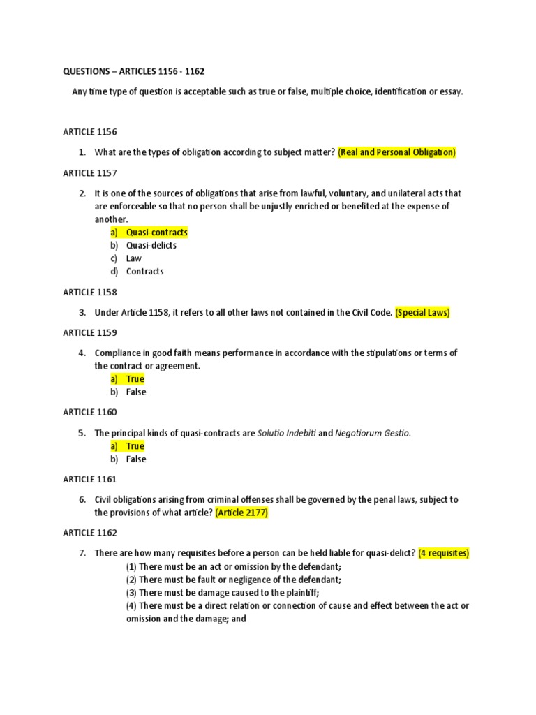 Obligation Questions: Articles 1156-1162 | PDF | Politics