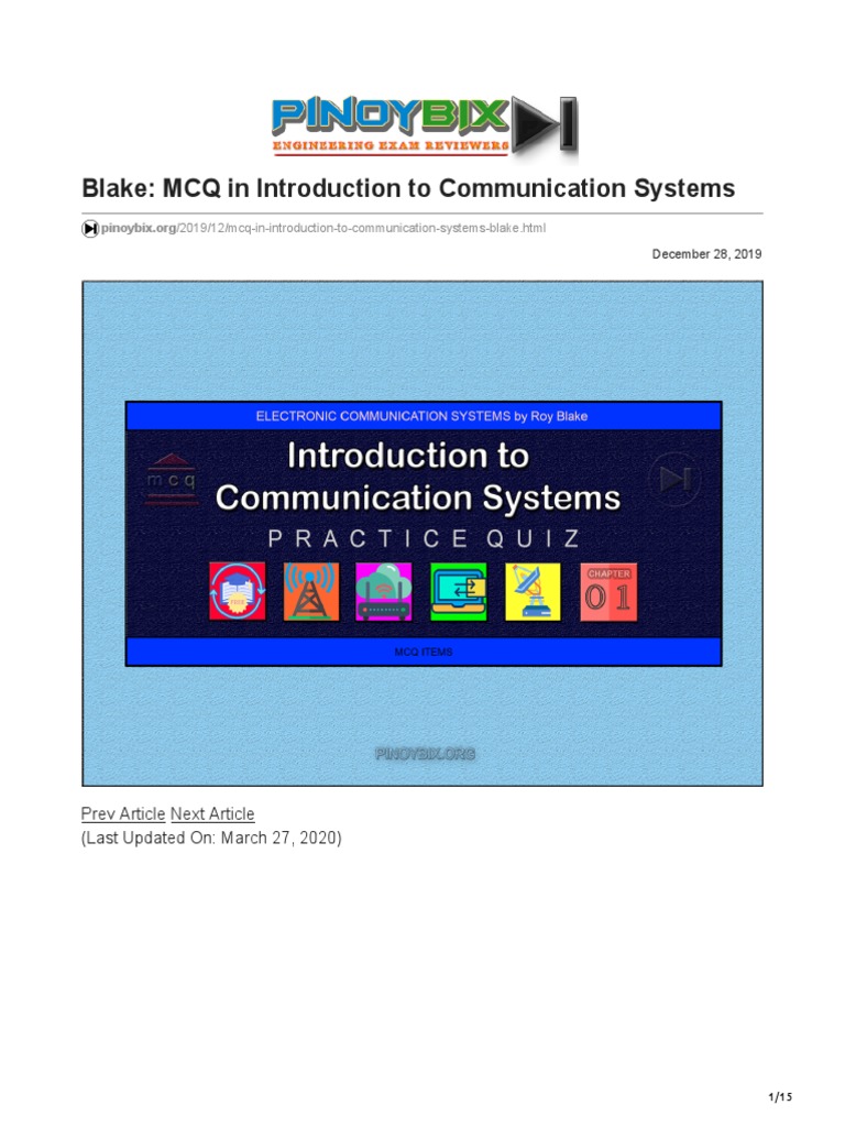 Multiple Choice Questions in Introduction to Communication Systems ...
