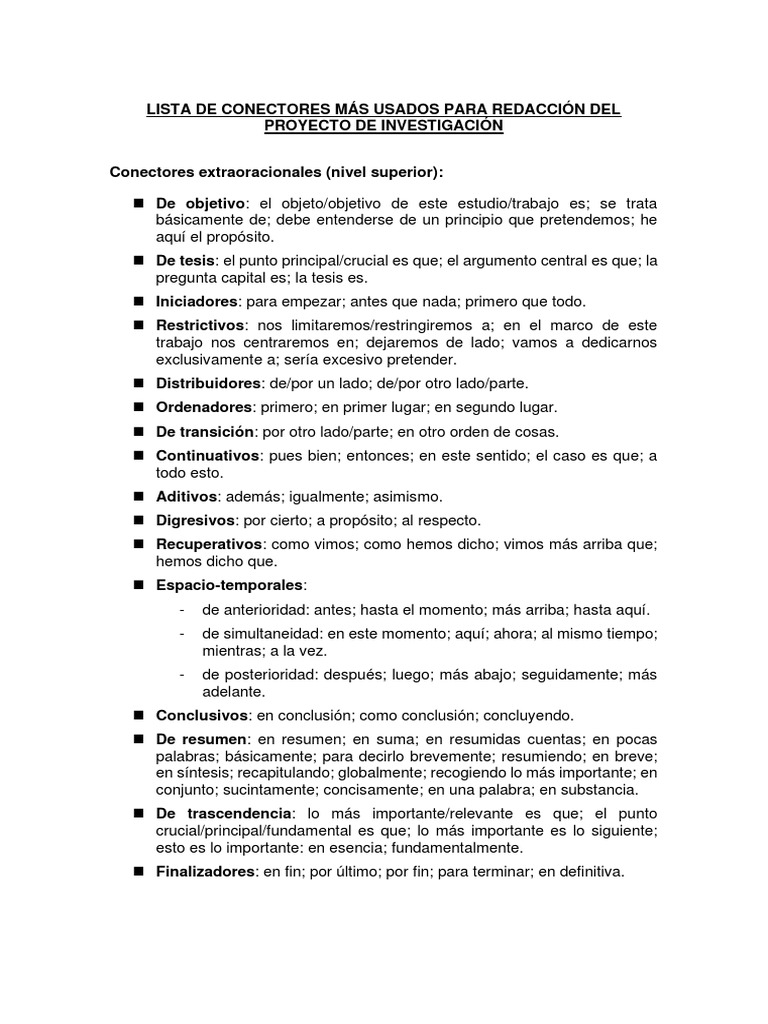 Lista de Conectores Más Usados para Redacción Del Proyecto de Investigación | PDF | Realidad ...