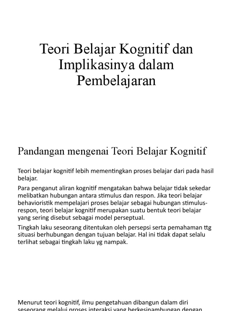 Teori Belajar Kognitif Dan Implikasinya Dalam Pembelajaran | PDF Teori Belajar Kognitif Dan Implikasinya Dalam Pembelajaran | PDF