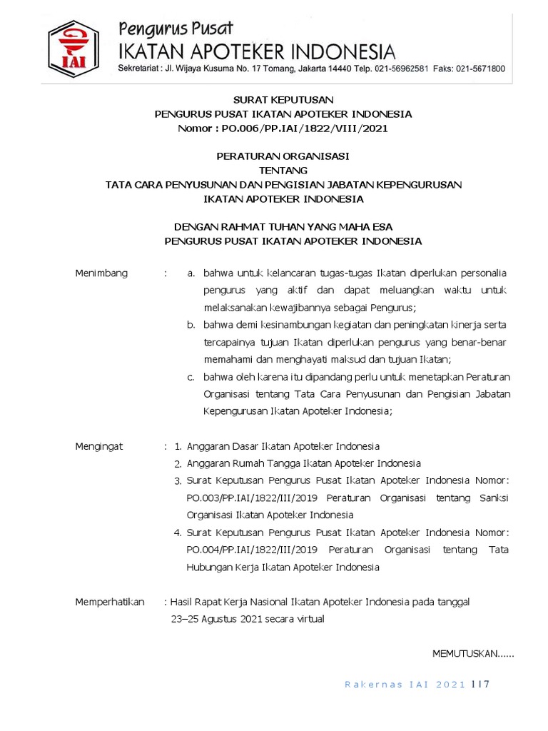 PO.006-PP - IAI-1822-VIII-2021 TTG Tata Cara Penyusunan & Pengisian Jabatan Kepengurusan IAI ...