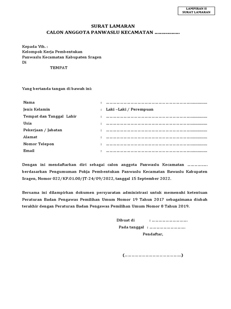 Surat Lamaran Panwaslu Kecamatan | PDF | Game & Aktivitas | Griya & Taman