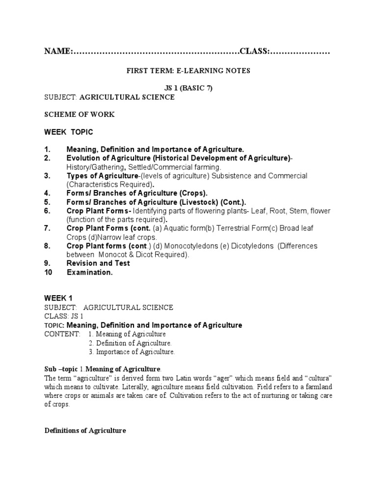 JSS1 Agricultural Science First Term Notes | PDF | Agriculture | Leaf