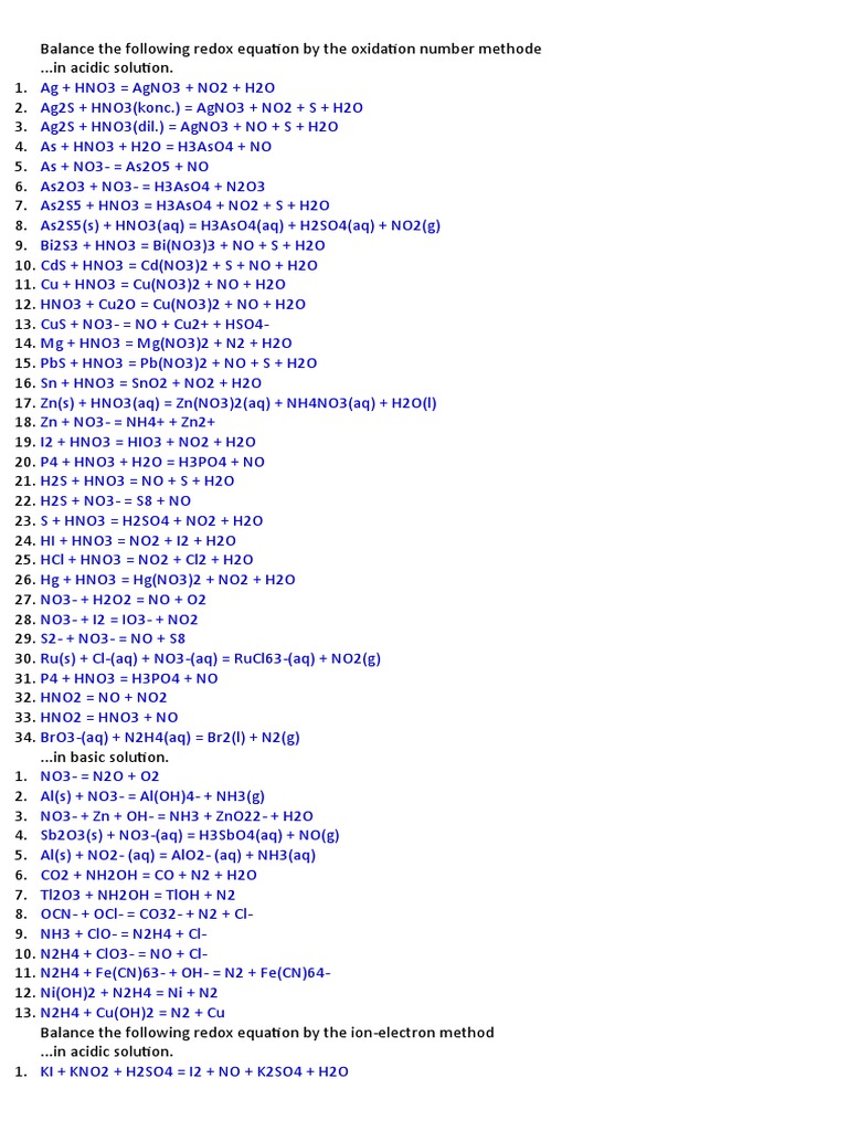 Redox Exercise | PDF | Nitric Acid | Chlorine