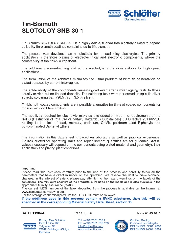 E Tin Bismuth SLOTOLOY SNB 30 1 | PDF | Chemistry | Materials