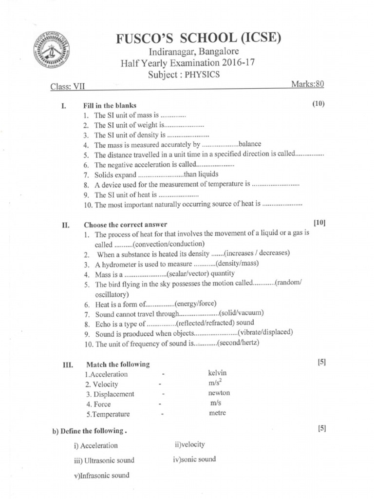 ICSE Class 7 Physics Half Yearly Model Exam | PDF