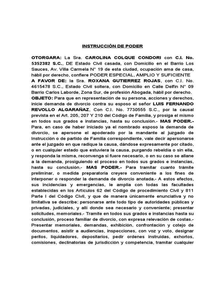 Instructiva de Poder para Divorcio | PDF | Divorcio | Demanda judicial
