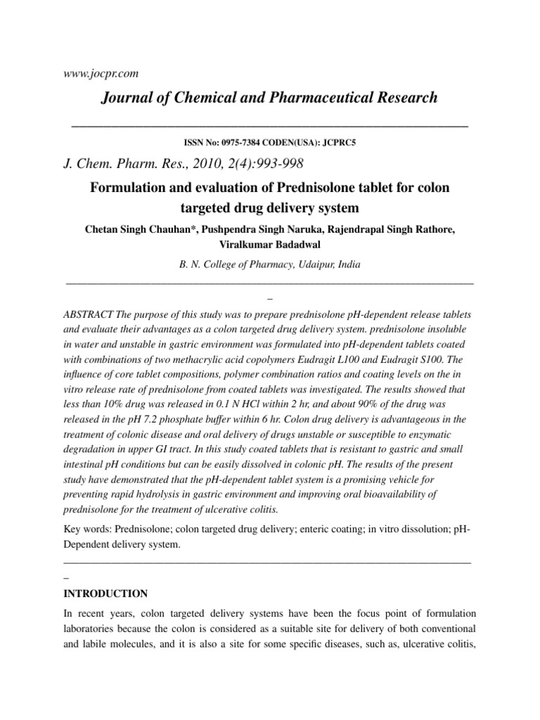 Formulation and Evaluation of Prednisolone Tablet For Colon Targeted ...
