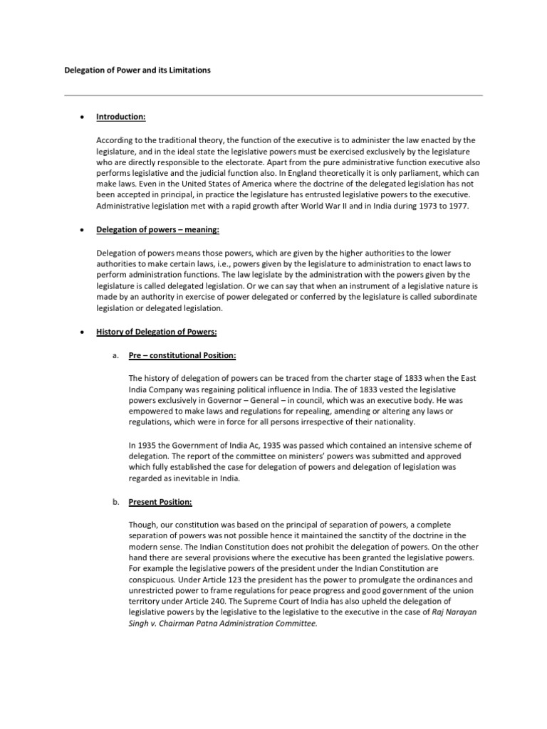 Delegation of Power and Its Limitations | PDF | Legislature | Constitution