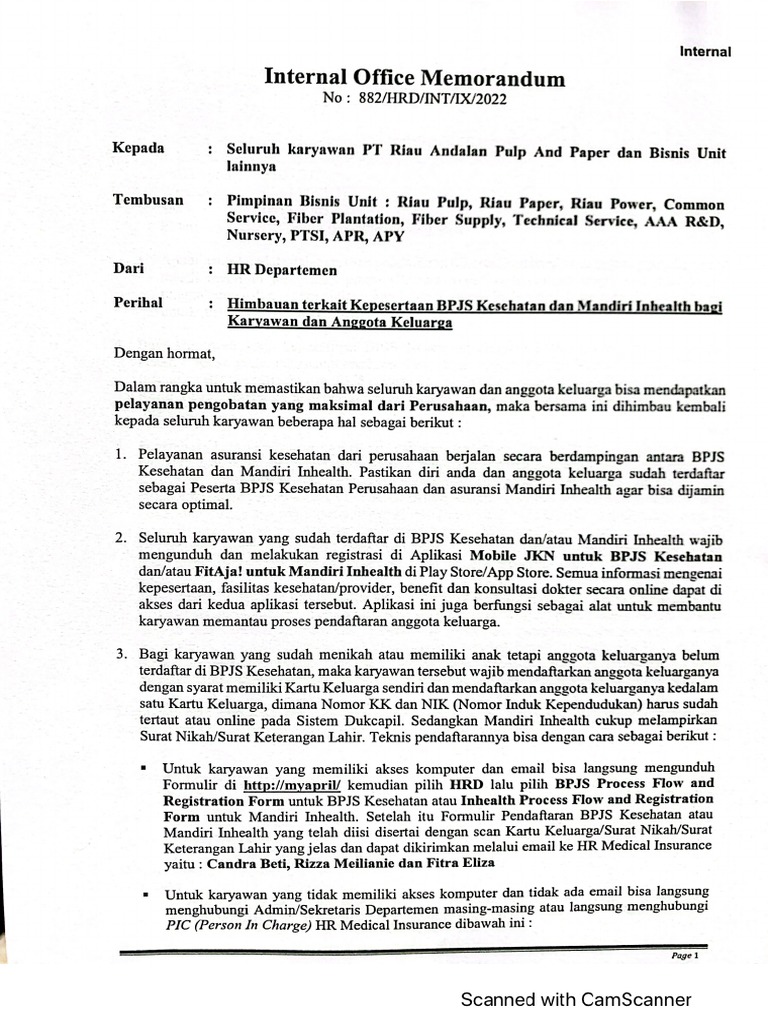 Internal Office Memorandum - BPJS Kes & Mandiri Inhealth | PDF