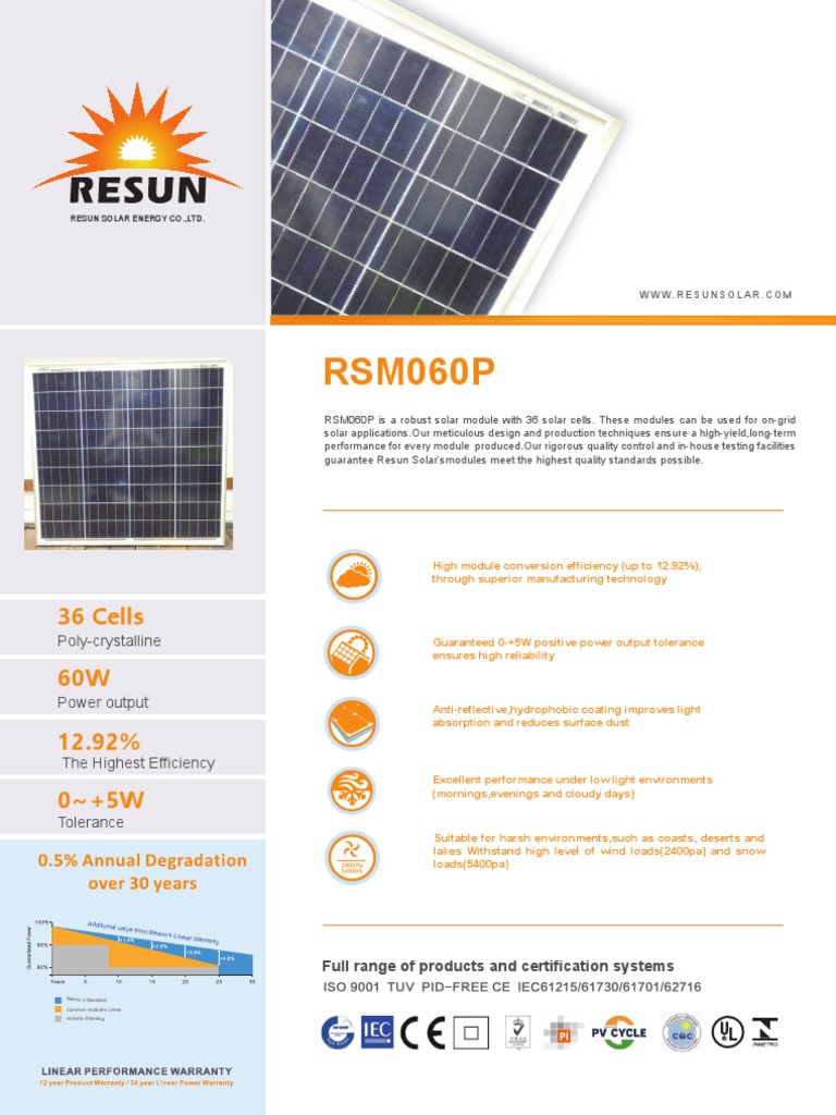 Resun 60w | PDF | Solar Panel | Renewable Energy