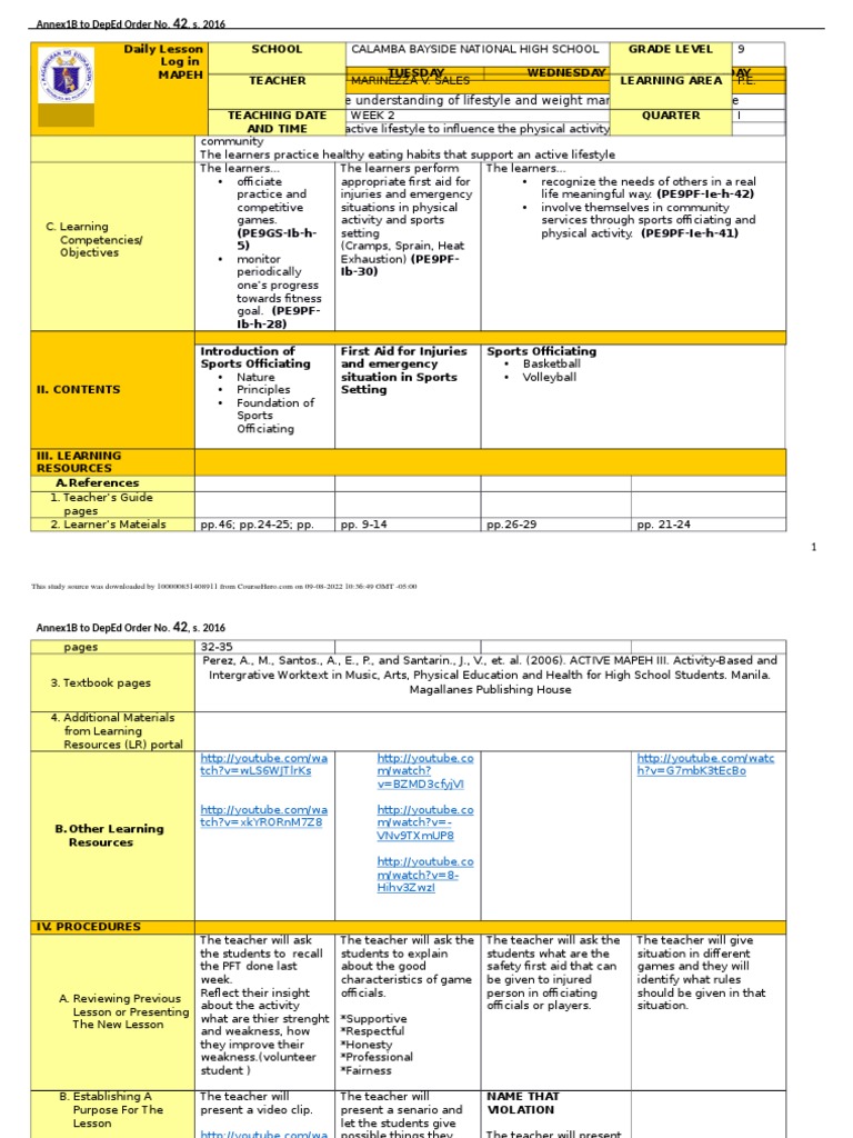 DepEd Order No. 42 PE Lesson | PDF | Rubric (Academic) | Learning