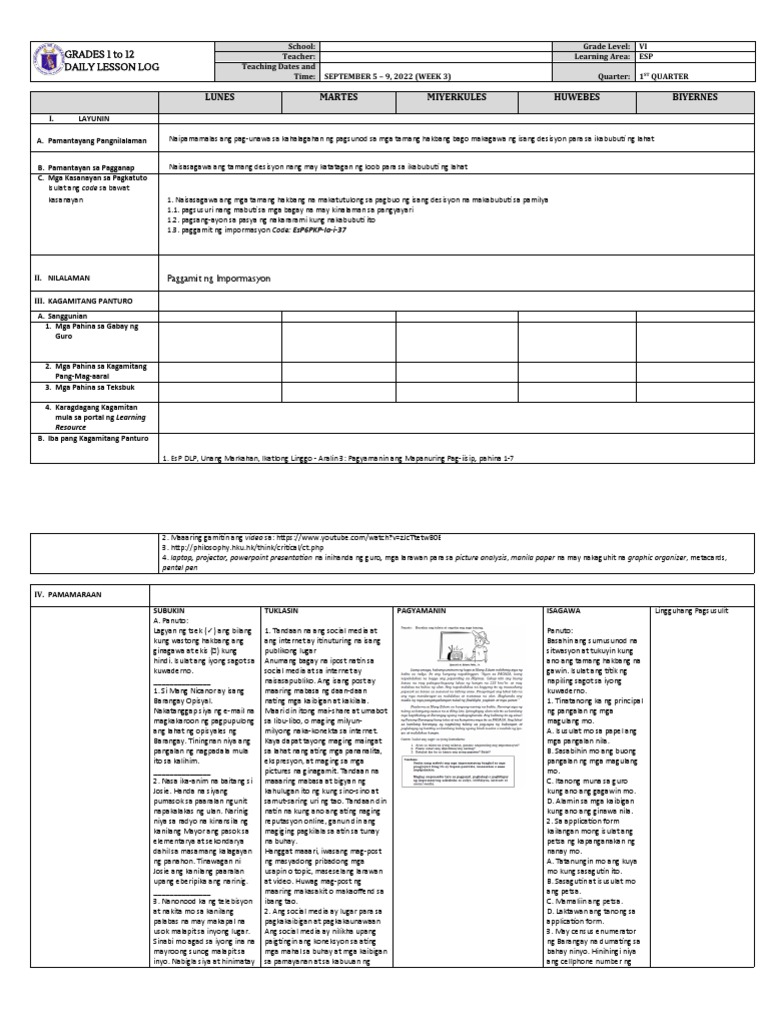 DLL - Edukasyon Sa Pagpapakatao 6 - Q1 - W3 | PDF