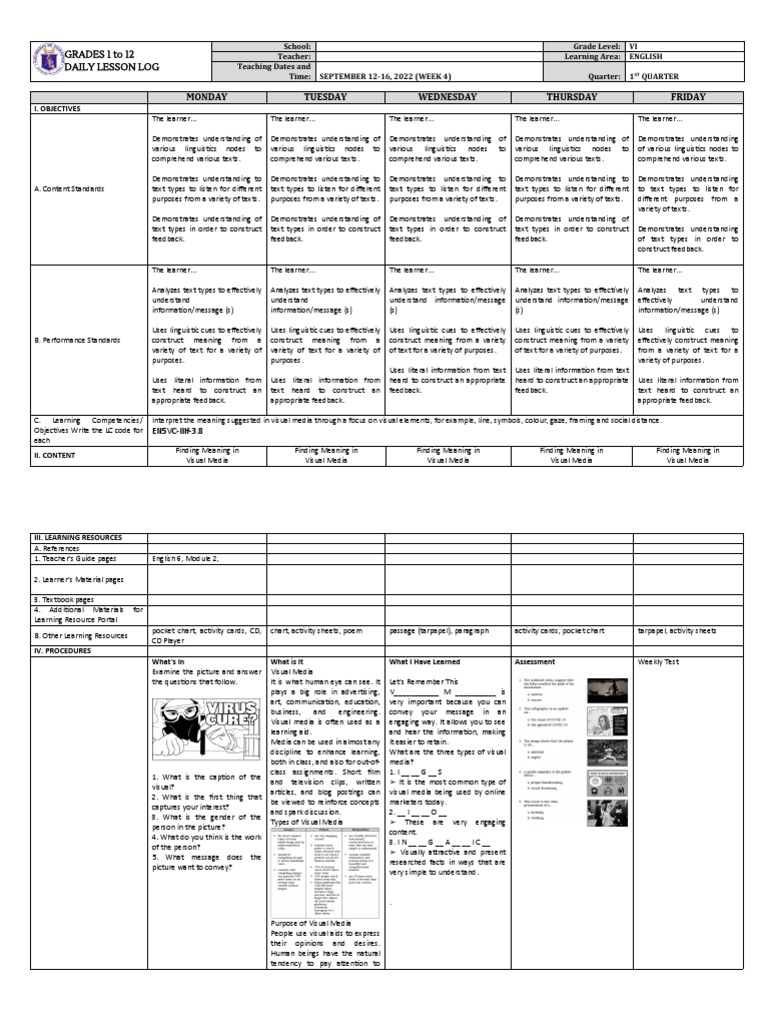 DLL - English 6 - Q1 - W4 | PDF | Mass Media | Learning DLL - English 6 - Q1 - W4 | PDF | Mass Media | Learning