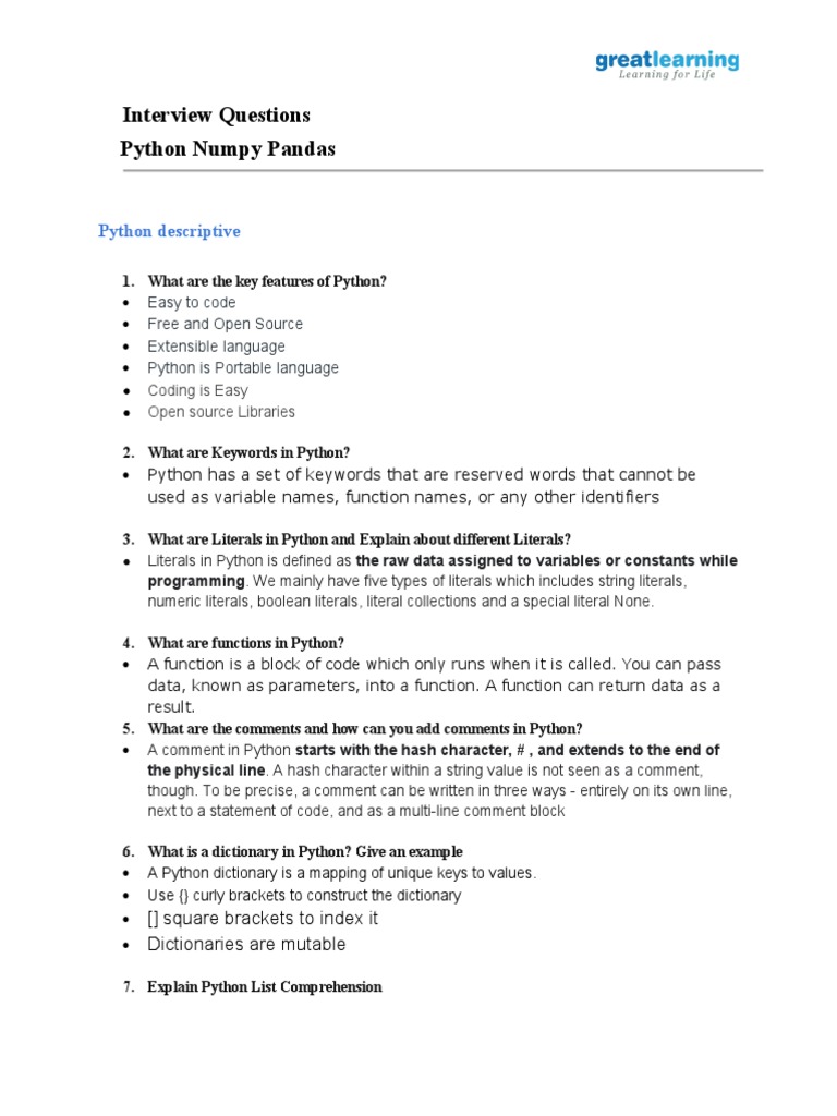 Python Numpy Pandas Interview Questions Pdf Matrix Mathematics Python Programming Language 4999