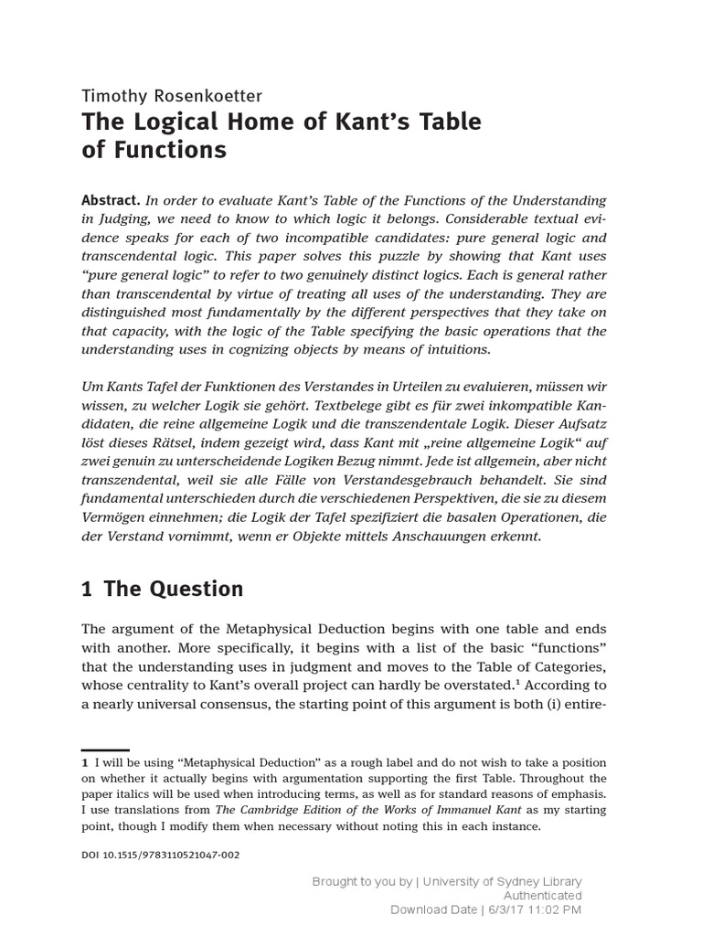 The Logical Home of Kant’s Table of Functions | PDF | Immanuel Kant ...