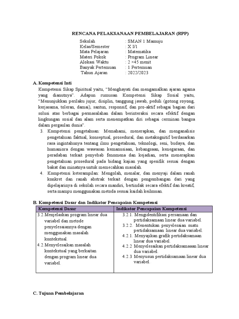 RPP I Program Linear | PDF | Karier & Perkembangan