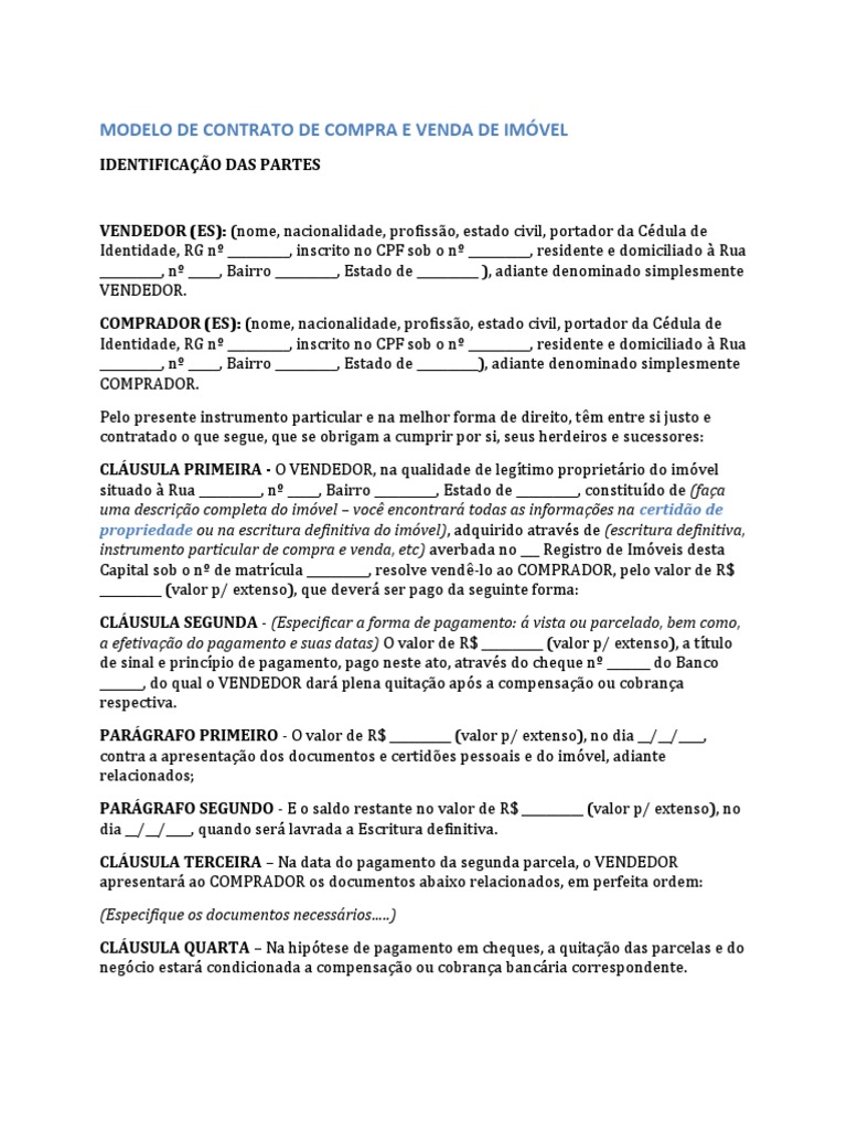 Modelo de Contrato de Compra e Venda de Imovel Atualizado | PDF ...